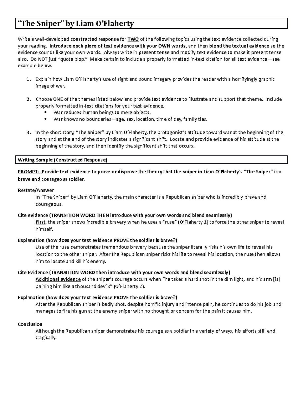 Sniper Writing Assignment - “The Sniper” by Liam O’Flaherty Write a ...
