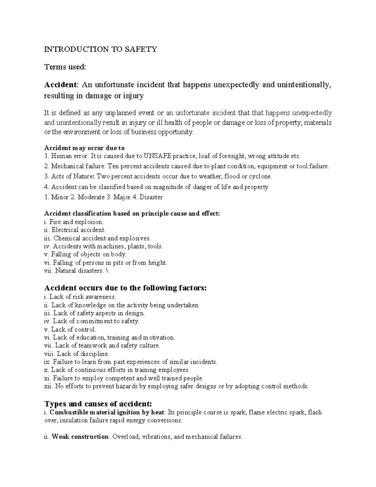 Introduction to safety 1 - INTRODUCTION TO SAFETY Terms used: Accident ...