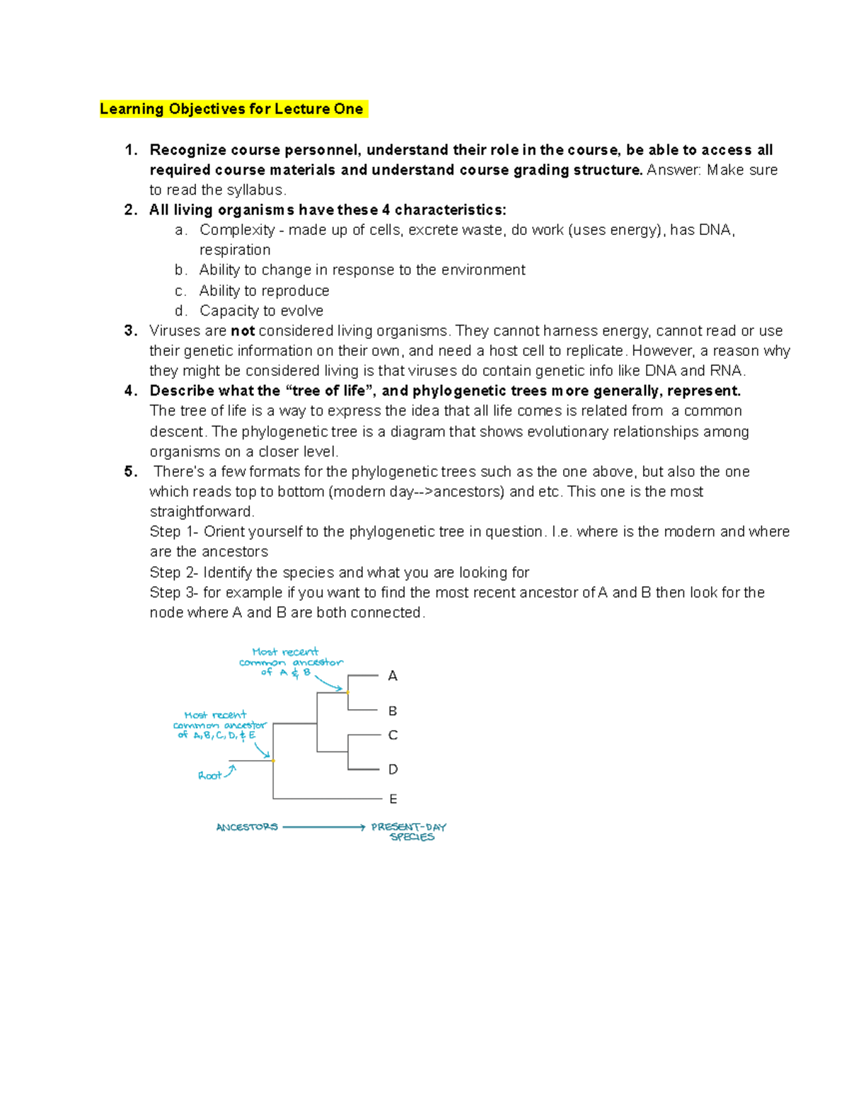 Bio 171 Study Group One - Learning objective and review questions for lectures 1 and 2 ...