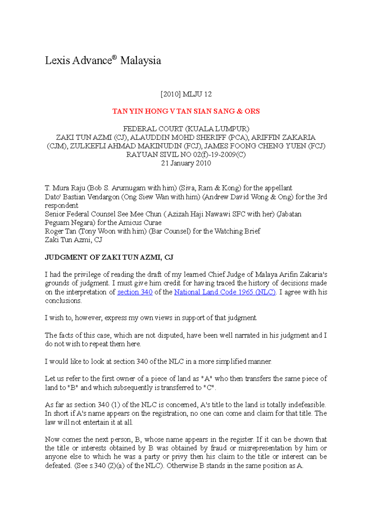 TAN YIN HONG V TAN SIAN SANG & ORS [2010] MLJU 12 - Lexis Advance ...
