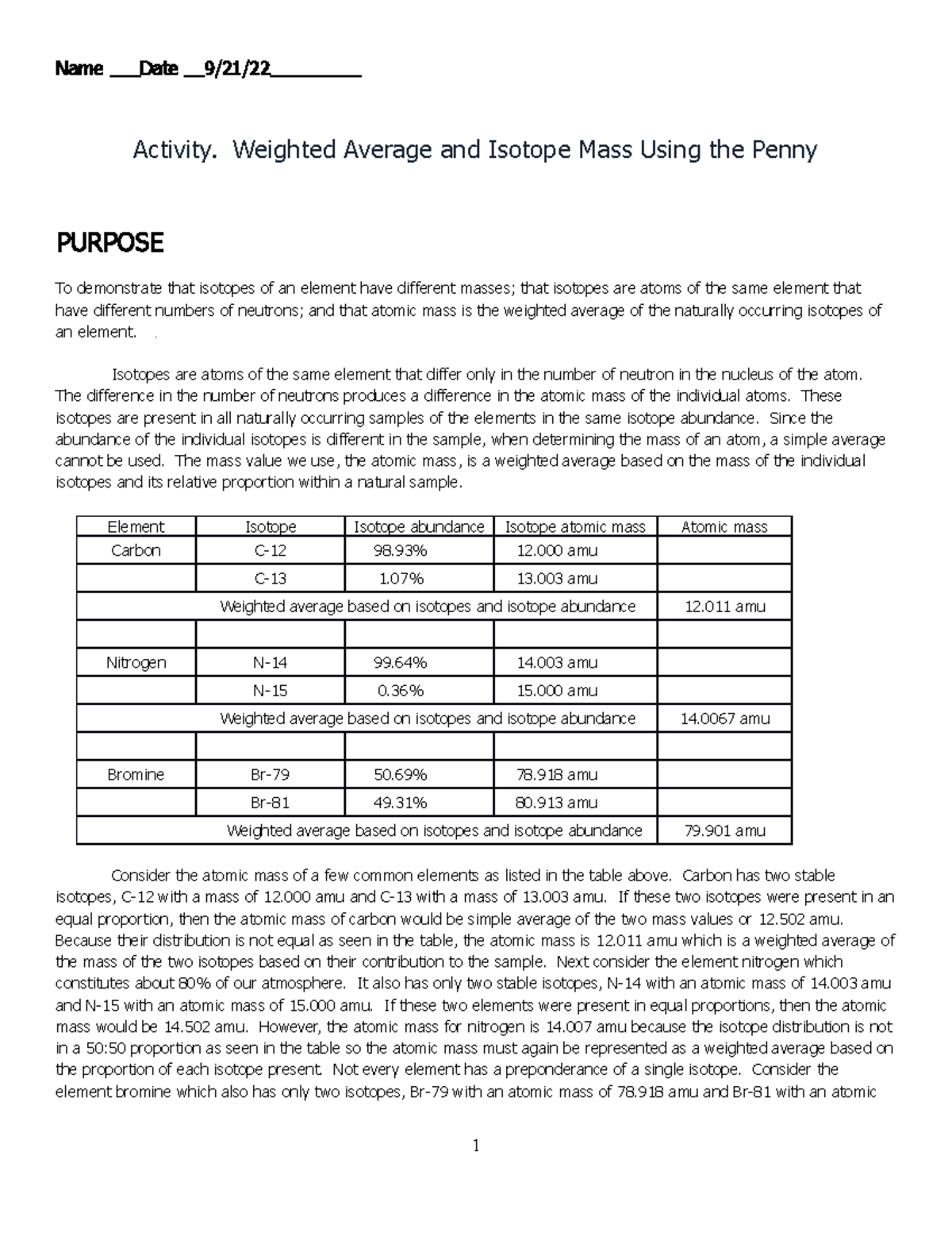 Activity - Isotopes and the Penny malone - Activity. Weighted Average ...