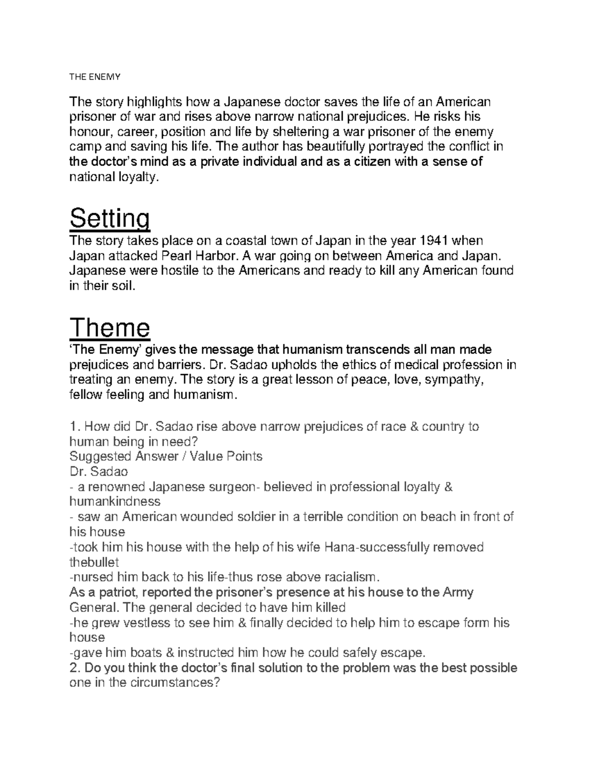 THE Enemy - detailed views of each stanza and questions - THE ENEMY The ...