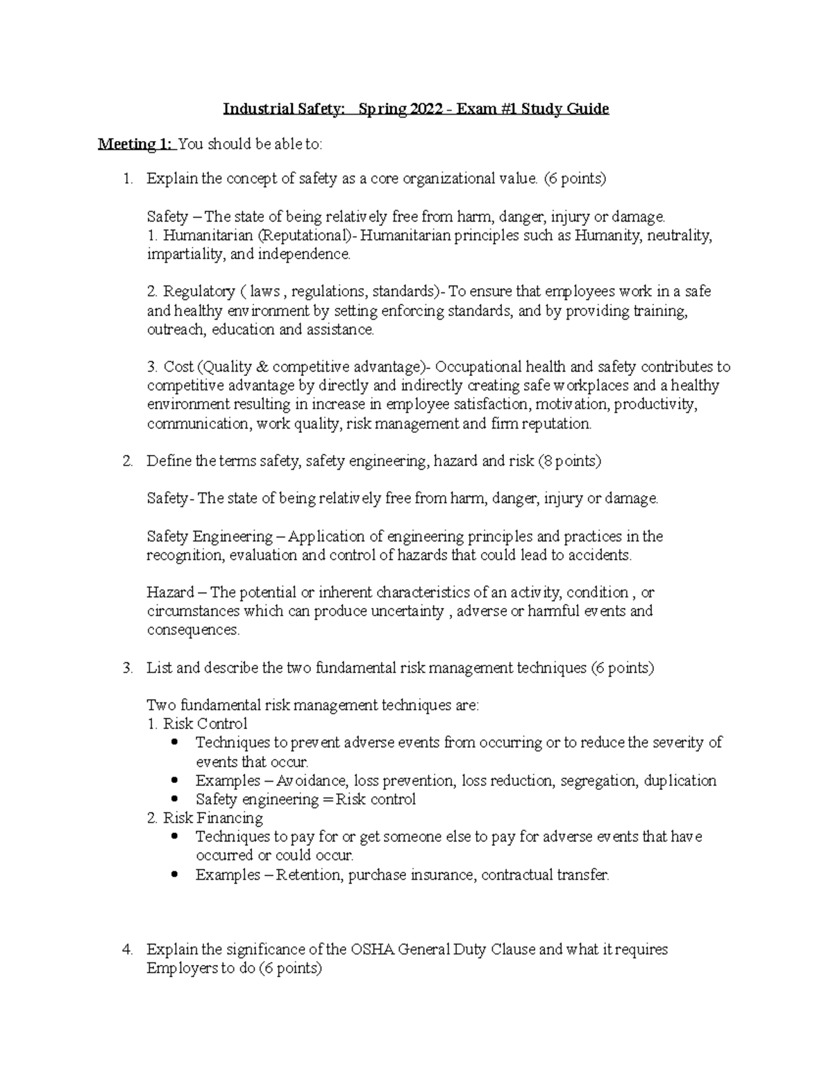 Exam 1 Spring 2022 Study guide - Industrial Safety: Spring 2022 - Exam #1 Study Guide Meeting 1 ...