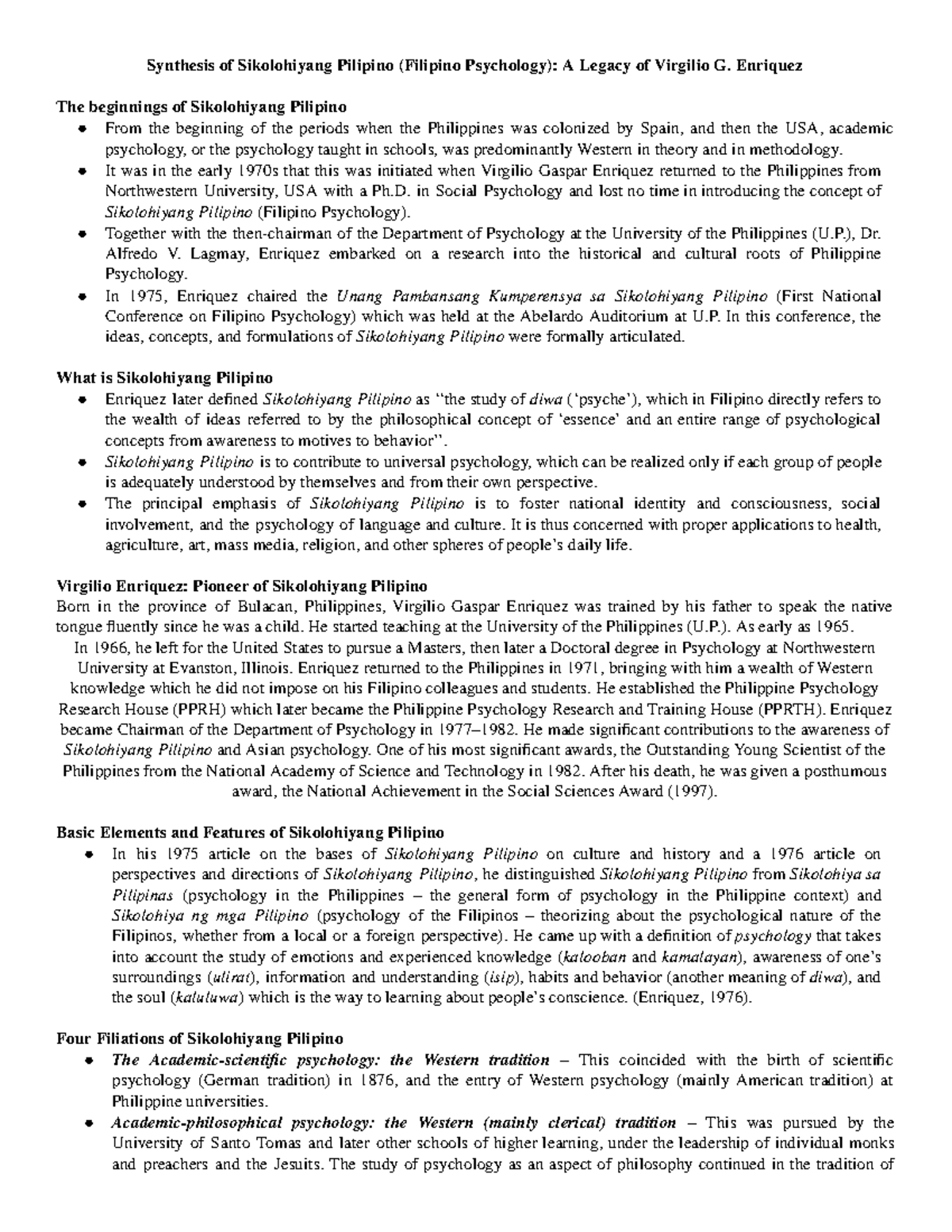 Synthesis of Sikolohiyang Pilipino (Filipino Psychology) A Legacy of ...
