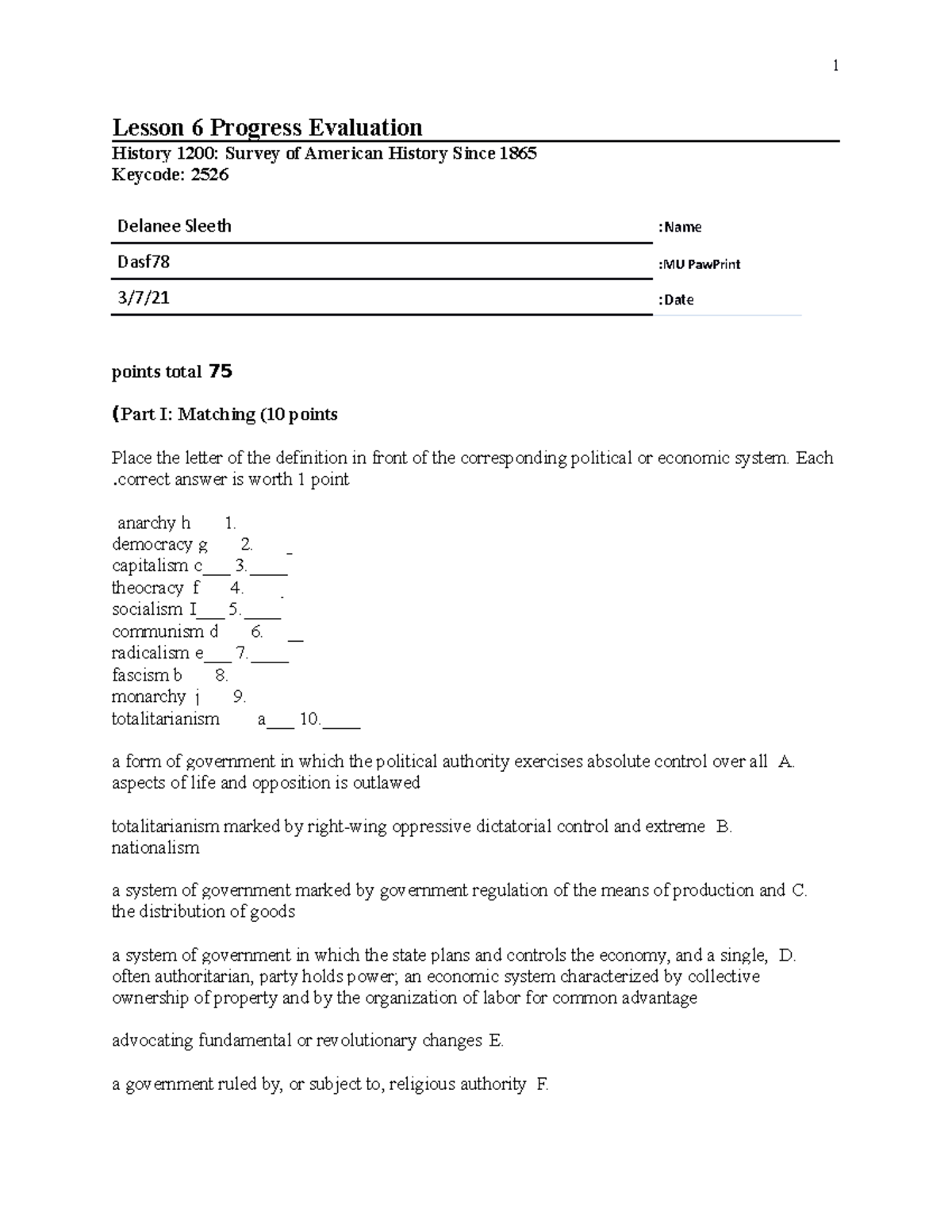 PE-06 - notes - Lesson 6 Progress Evaluation History 1200: Survey of ...