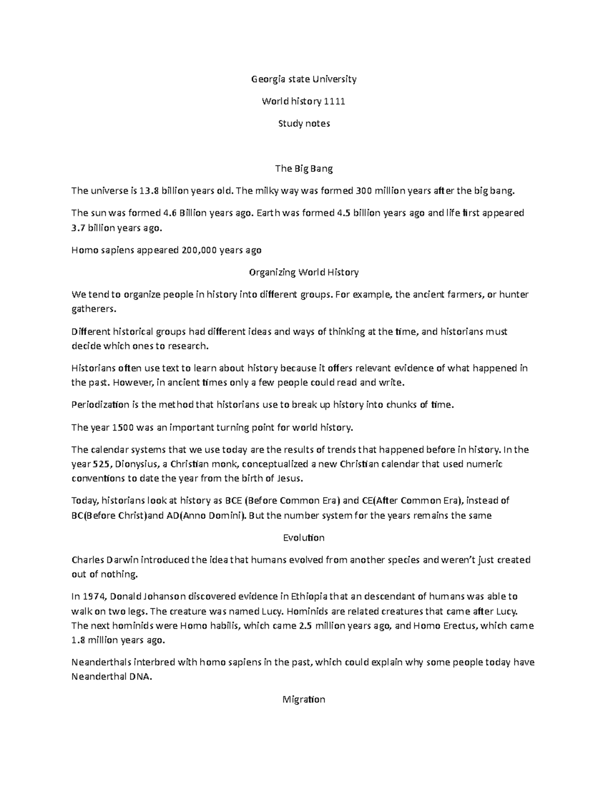 World History Module 1 notes - Georgia state University World history ...