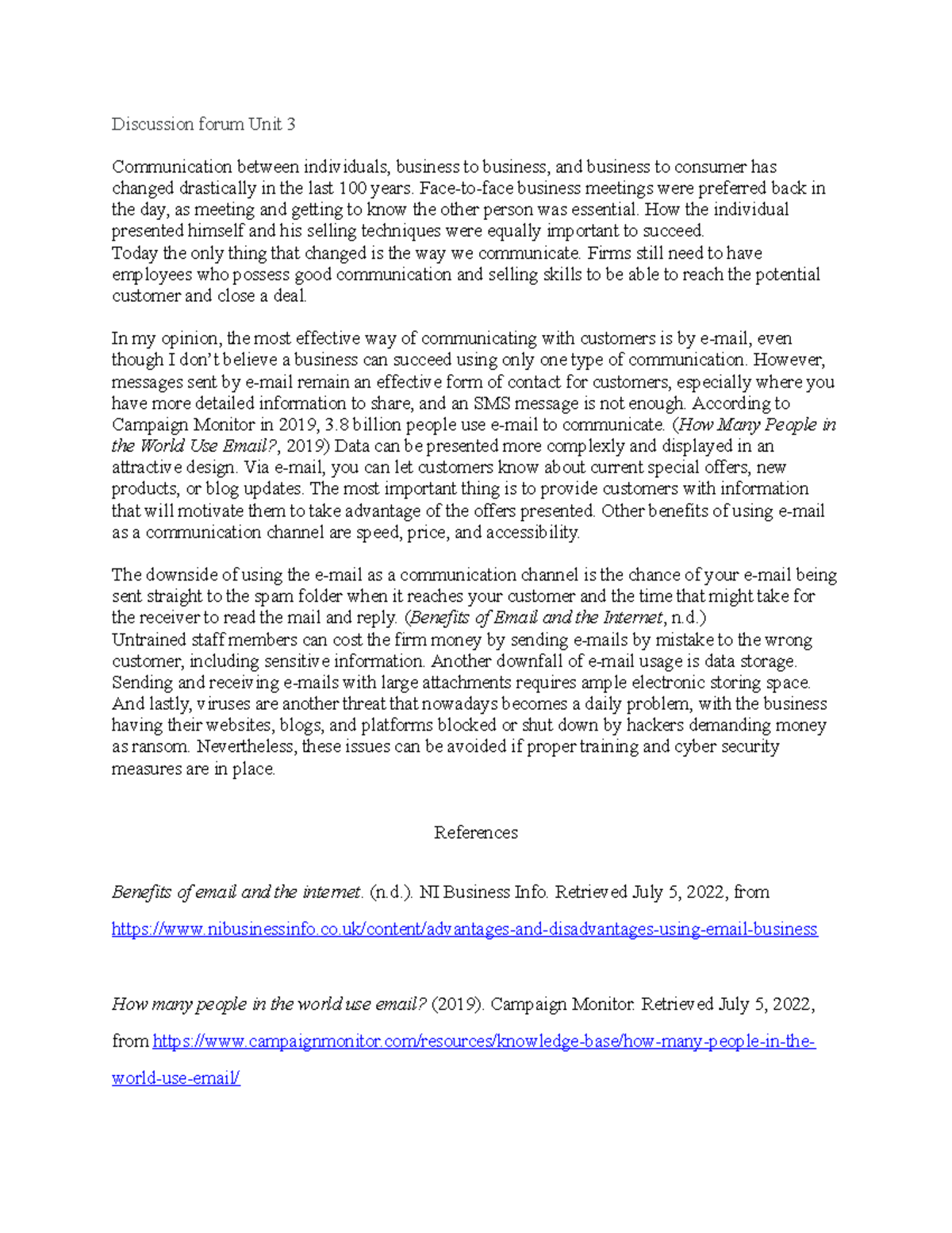 BUS2202 Discussion Forum Unit 3 - Discussion forum Unit 3 Communication ...