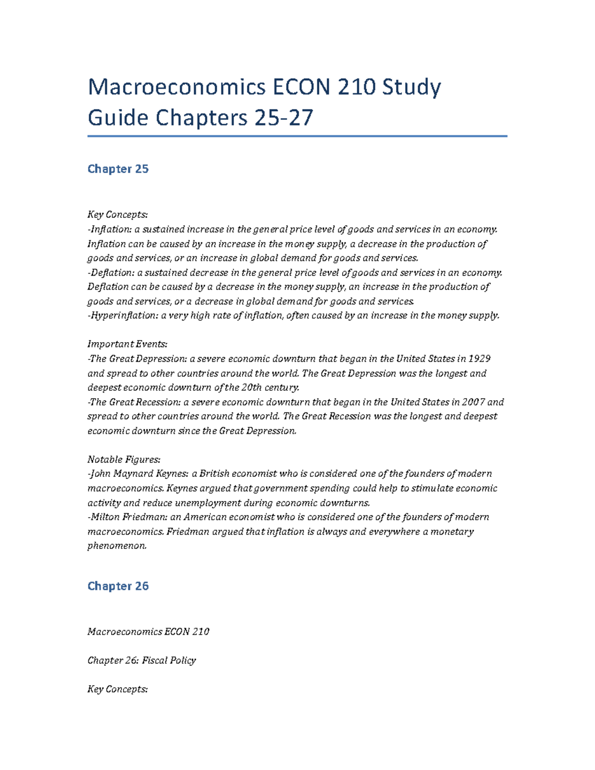 Macroeconomics ECON 210 Study Guide Chapters 25-27 - Macroeconomics ...