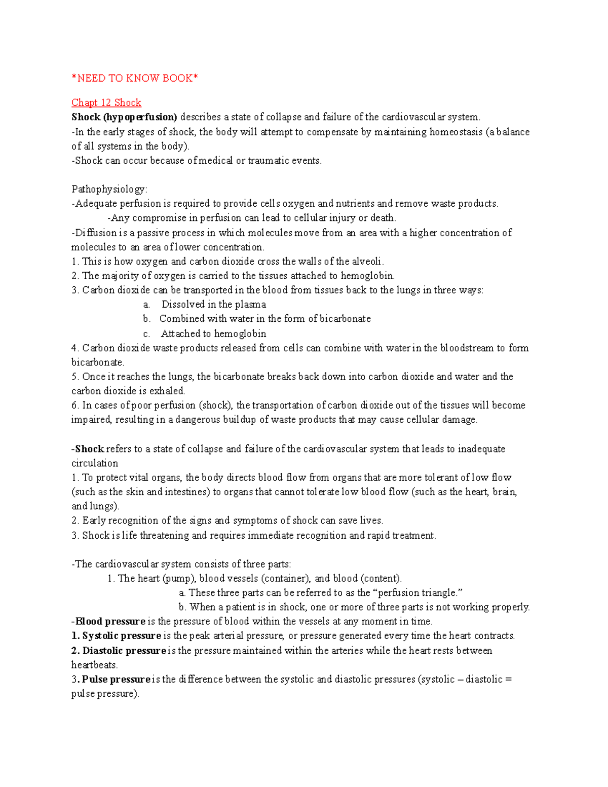 EMT Notes Chapt 12 & 13 - NEED TO KNOW BOOK Chapt 12 Shock Shock ...