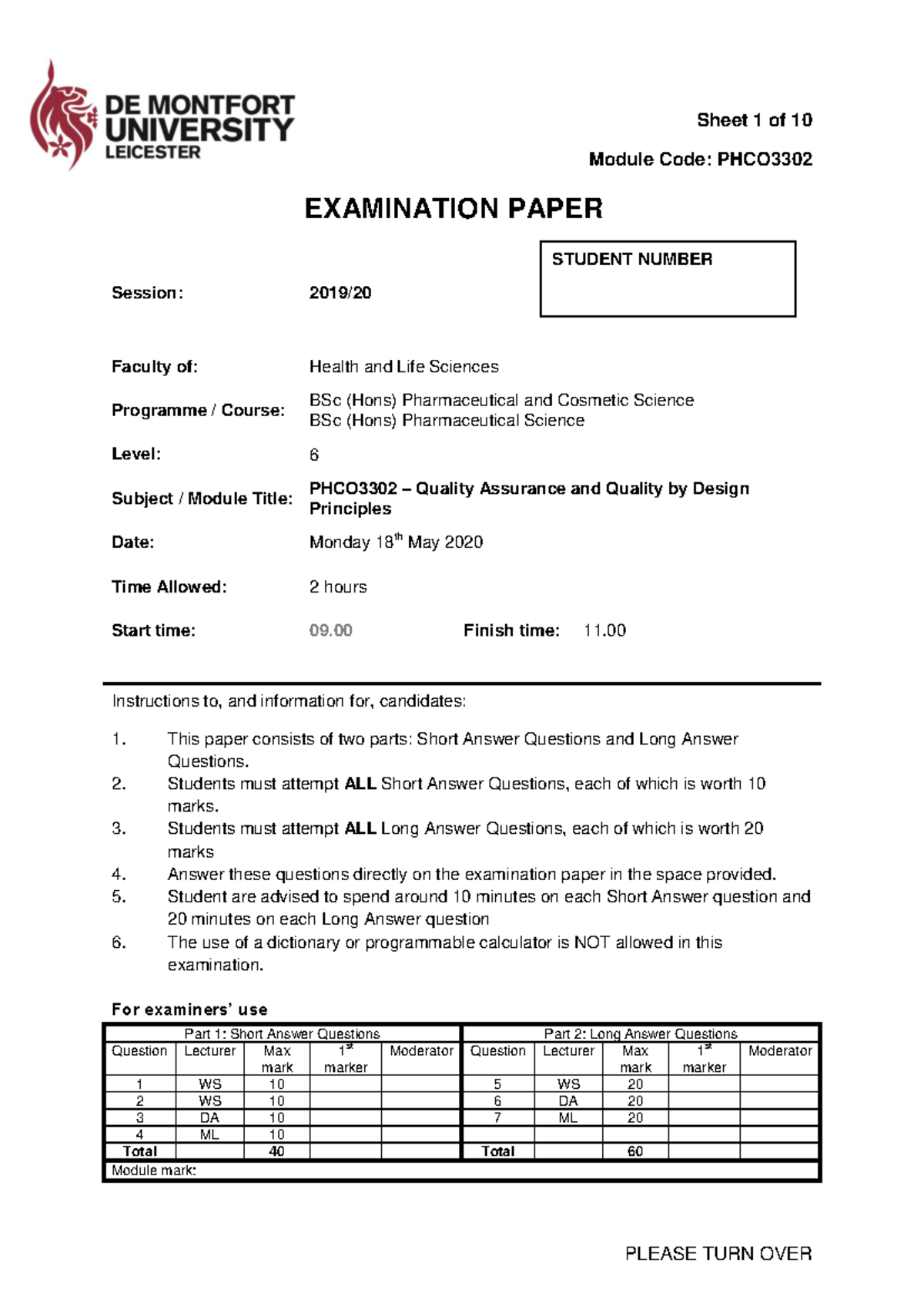 PHCO3302 2020 Exam - Module Code: PHCO EXAMINATION PAPER Session: 2019 ...