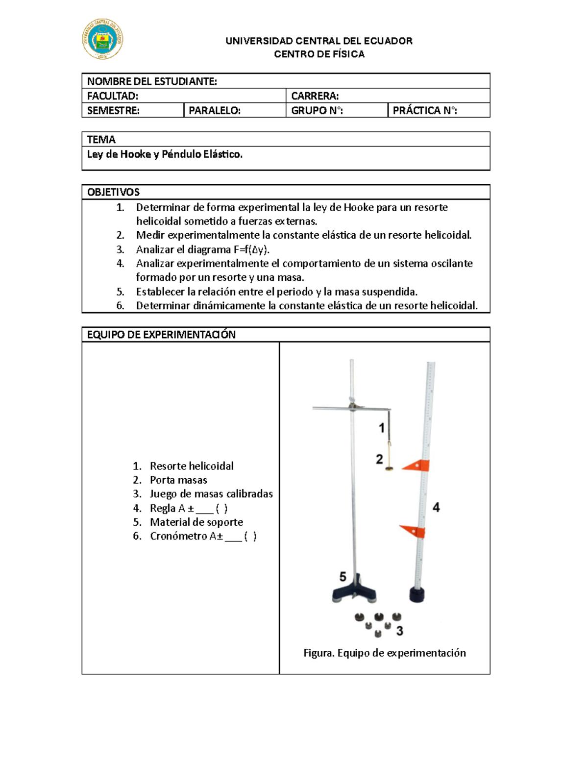 Ley de Hooke y Péndulo Elástico - CENTRO DE FÍSICA NOMBRE DEL ...