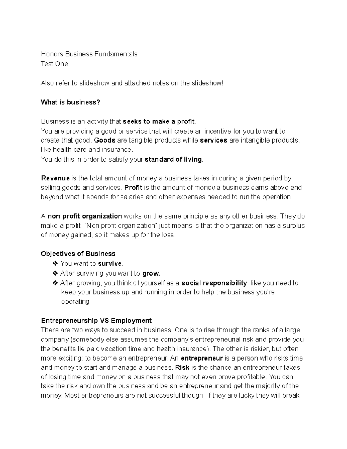 Copy of Business Test 1 - Donald Kruger - Honors Business Fundamentals ...