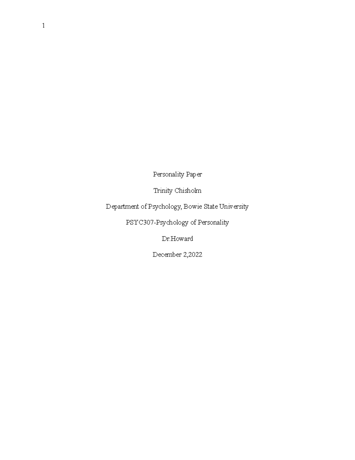 Personality paper - Personality Paper Trinity Chisholm Department of ...