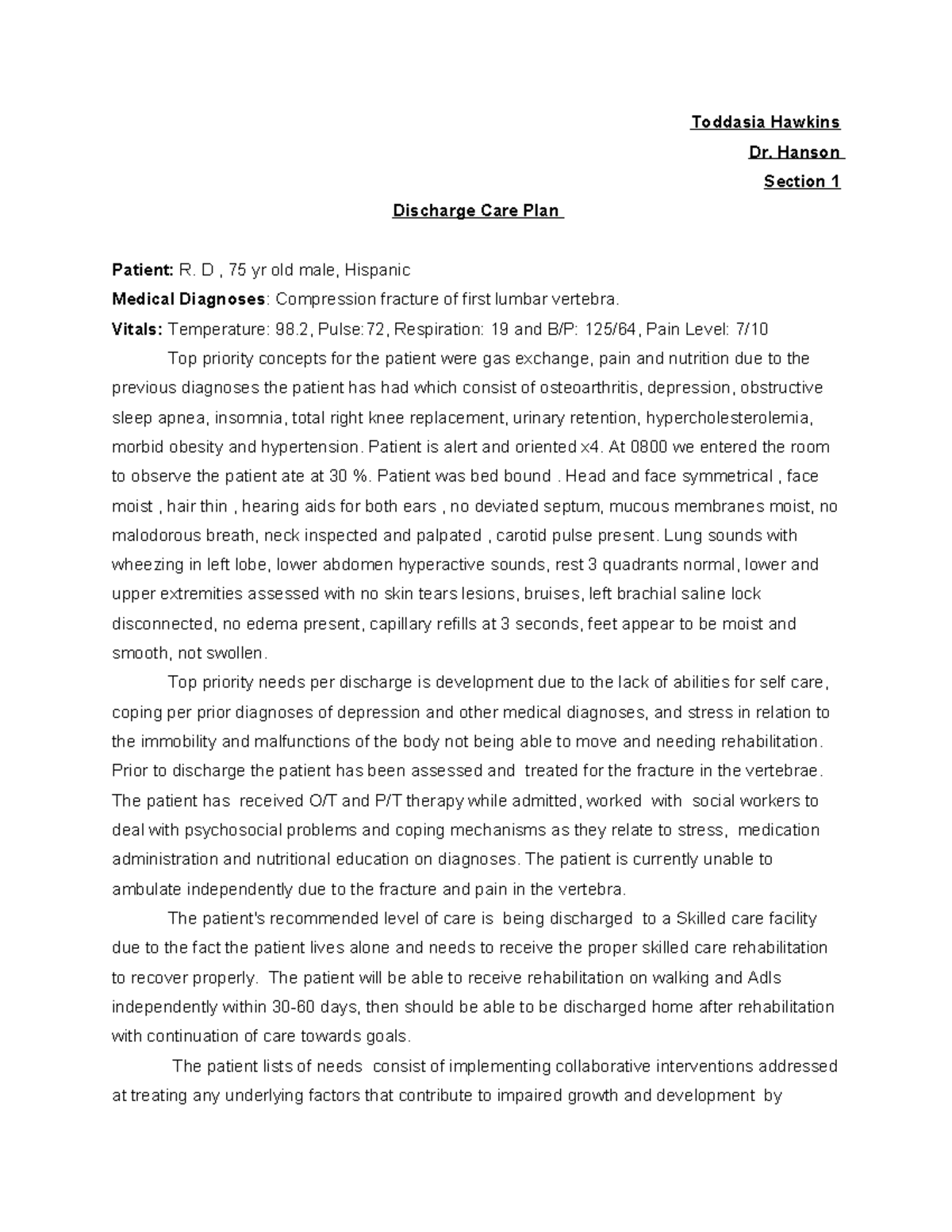 Discharge Care Plan - Toddasia Hawkins Dr. Hanson Section 1 Discharge ...