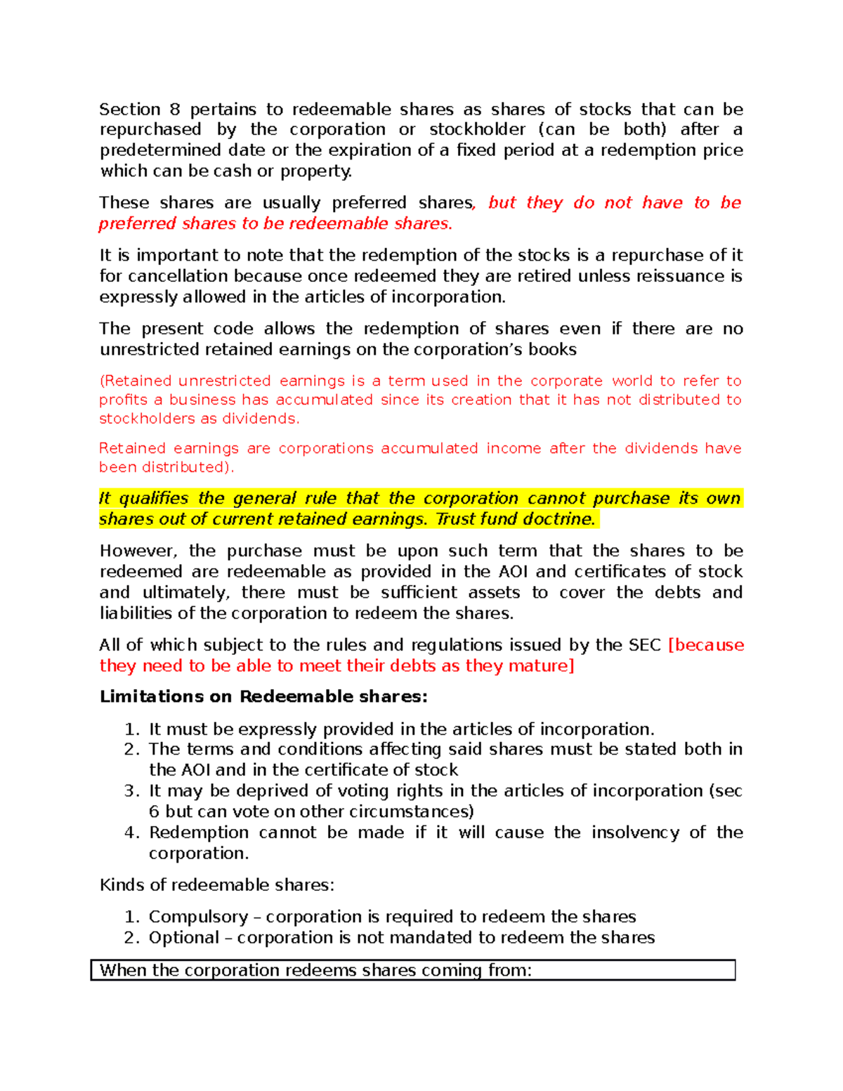 Sec 8 - Section 8 of the Revised Corporation Code comprehensive notes ...