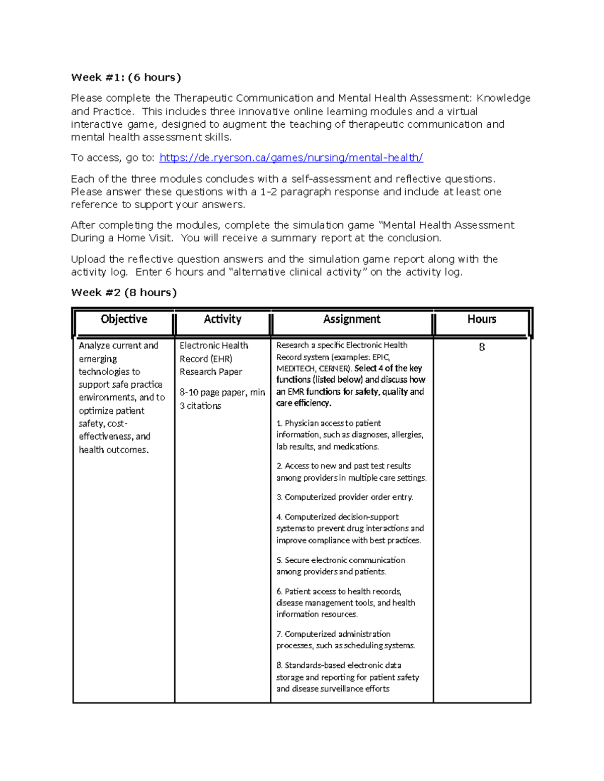 Clinical Assignments Weeks 1-4 - Week #1: (6 hours) Please complete the ...