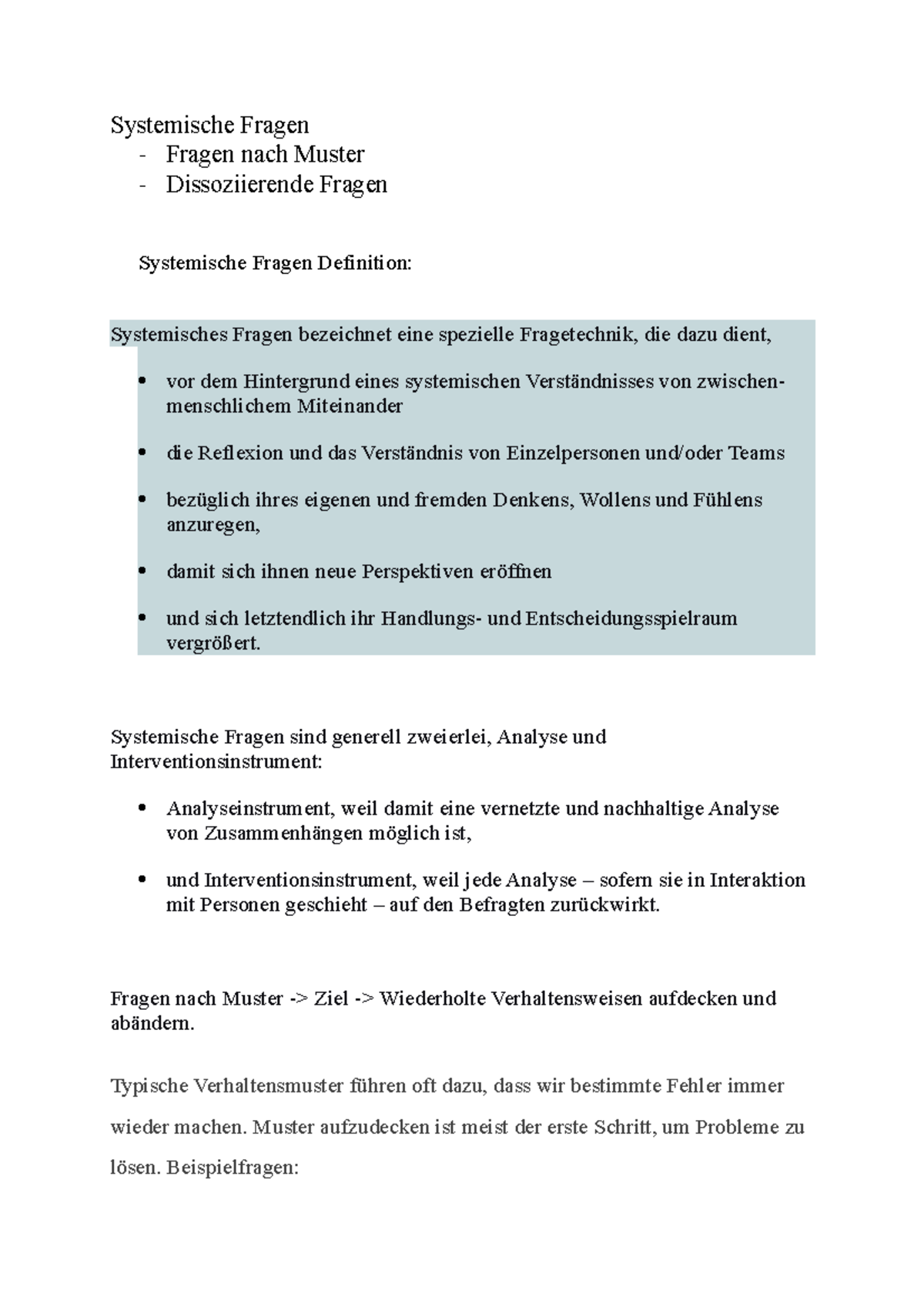 Systemische Fragen - Mitschrift für mündlichen beitrag - Systemische ...