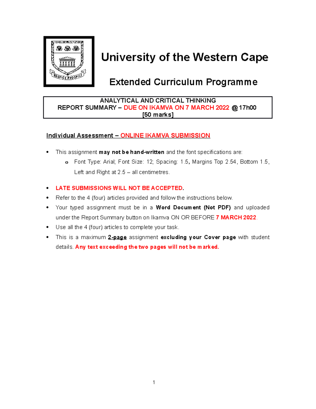 Report Summary Instructions - University of the Western Cape Extended ...