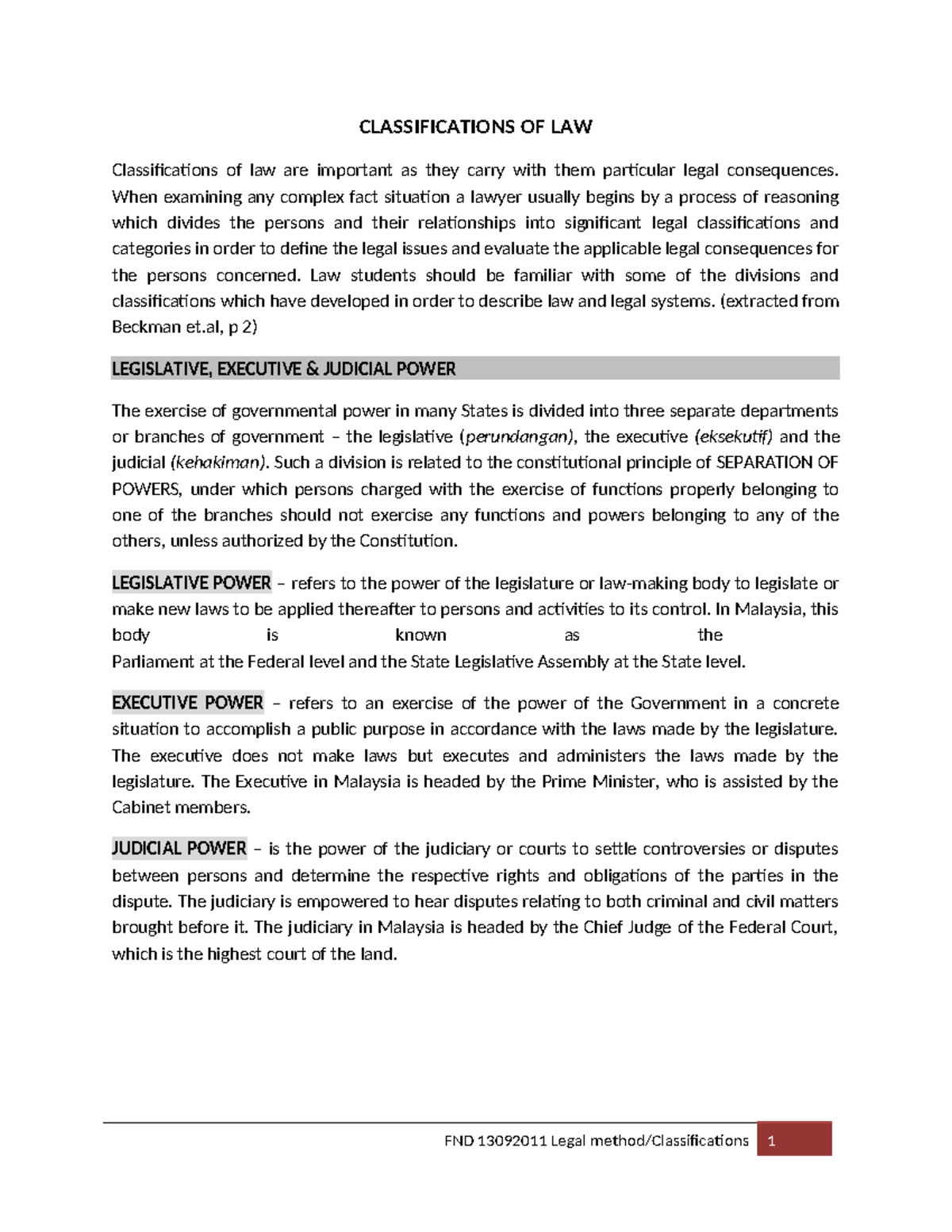 Classifications OF LAW - CLASSIFICATIONS OF LAW Classifications of law ...