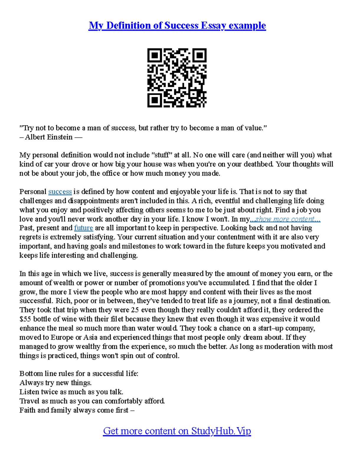 Definition Essays Examples - My Definition of Success Essay example ...