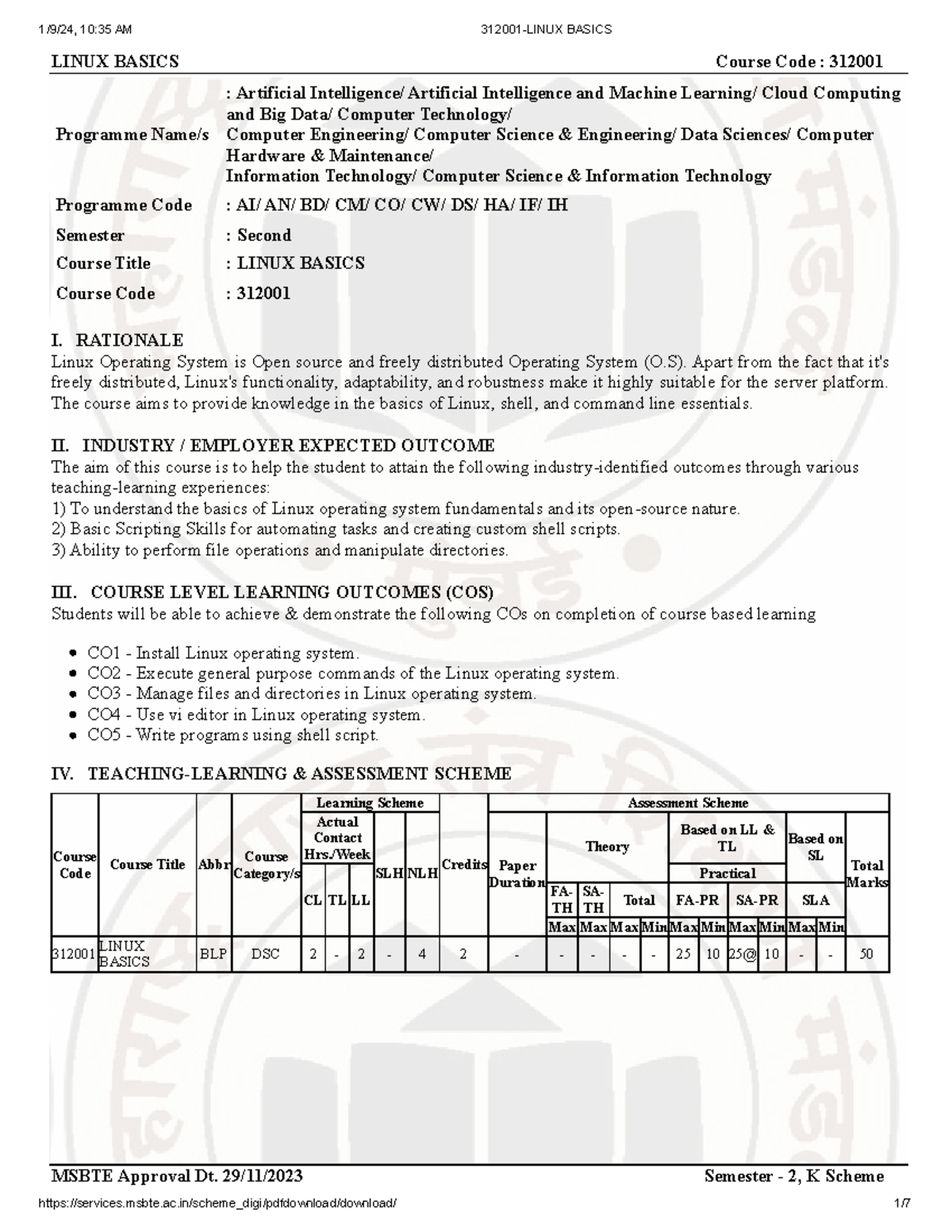 312001- Linux Basics - good notes - LINUX BASICS Course Code : 312001 ...