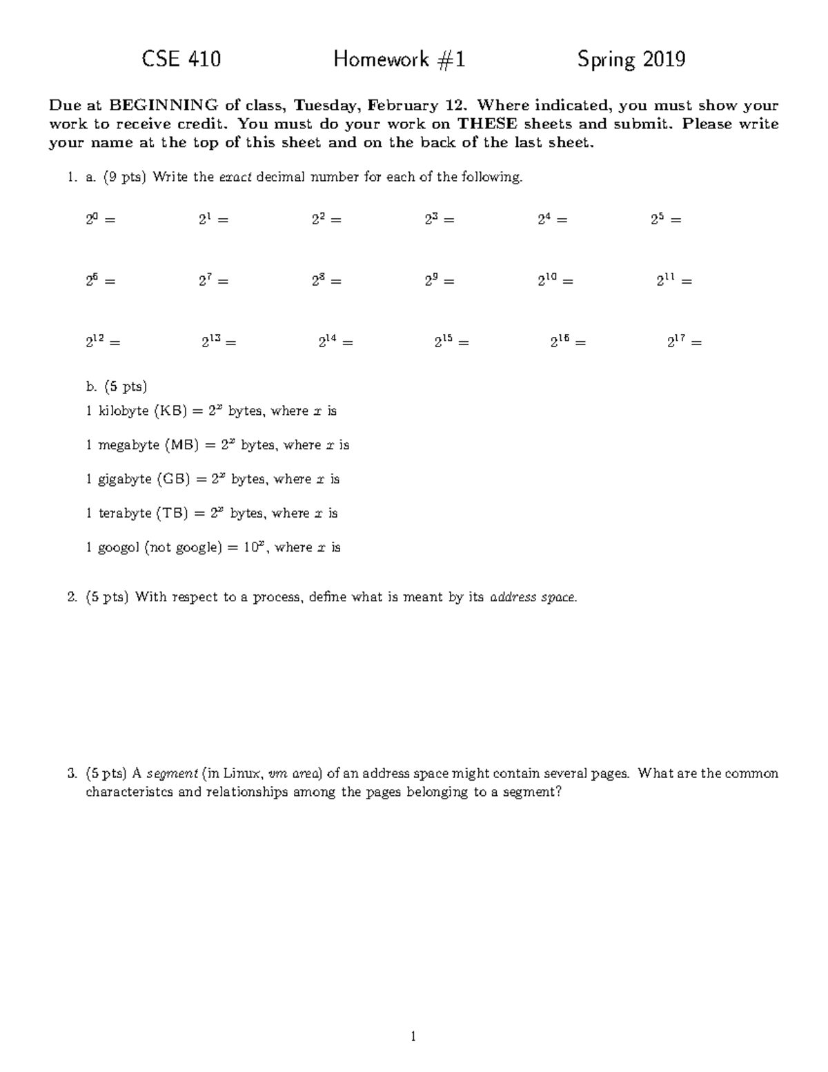 Assignment 1 - homework 1 - CSE 410 Homework #1 Spring 2019 Due at ...