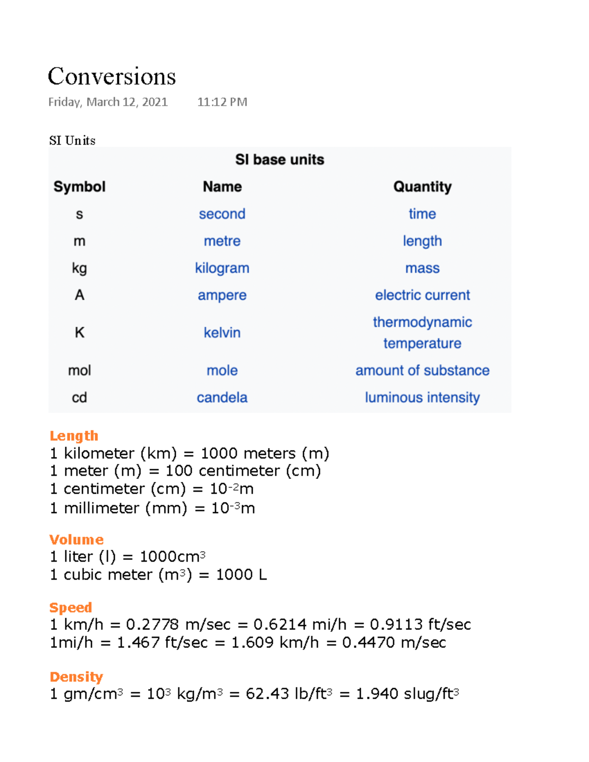Conversions - Physics 1029A/B - SI Units Length 1 kilometer (km) = 1000 ...