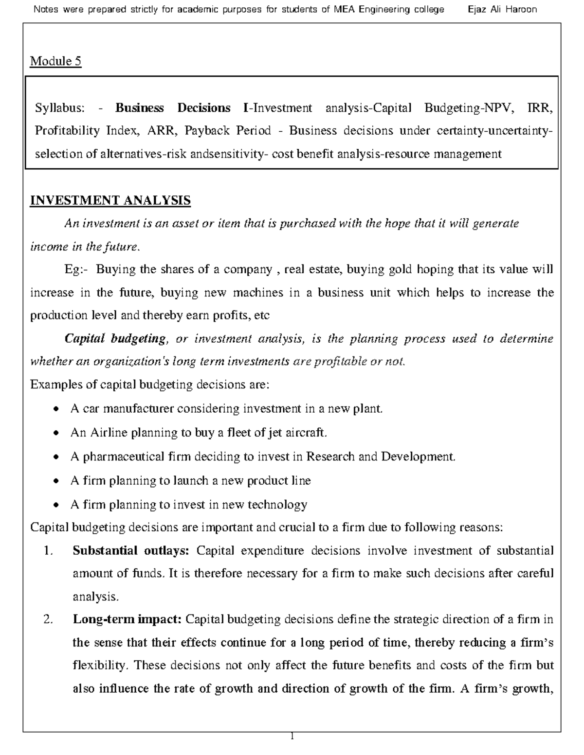 Economics module 5 - Note - Module 5 Syllabus: - Business Decisions I ...