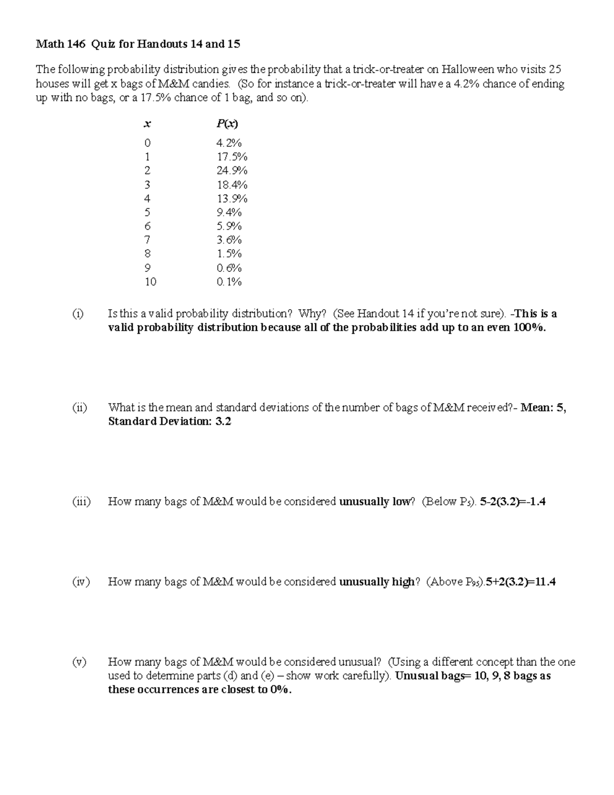Quiz for handouts 14 and 15 - Math 146 Quiz for Handouts 14 and 15 The ...