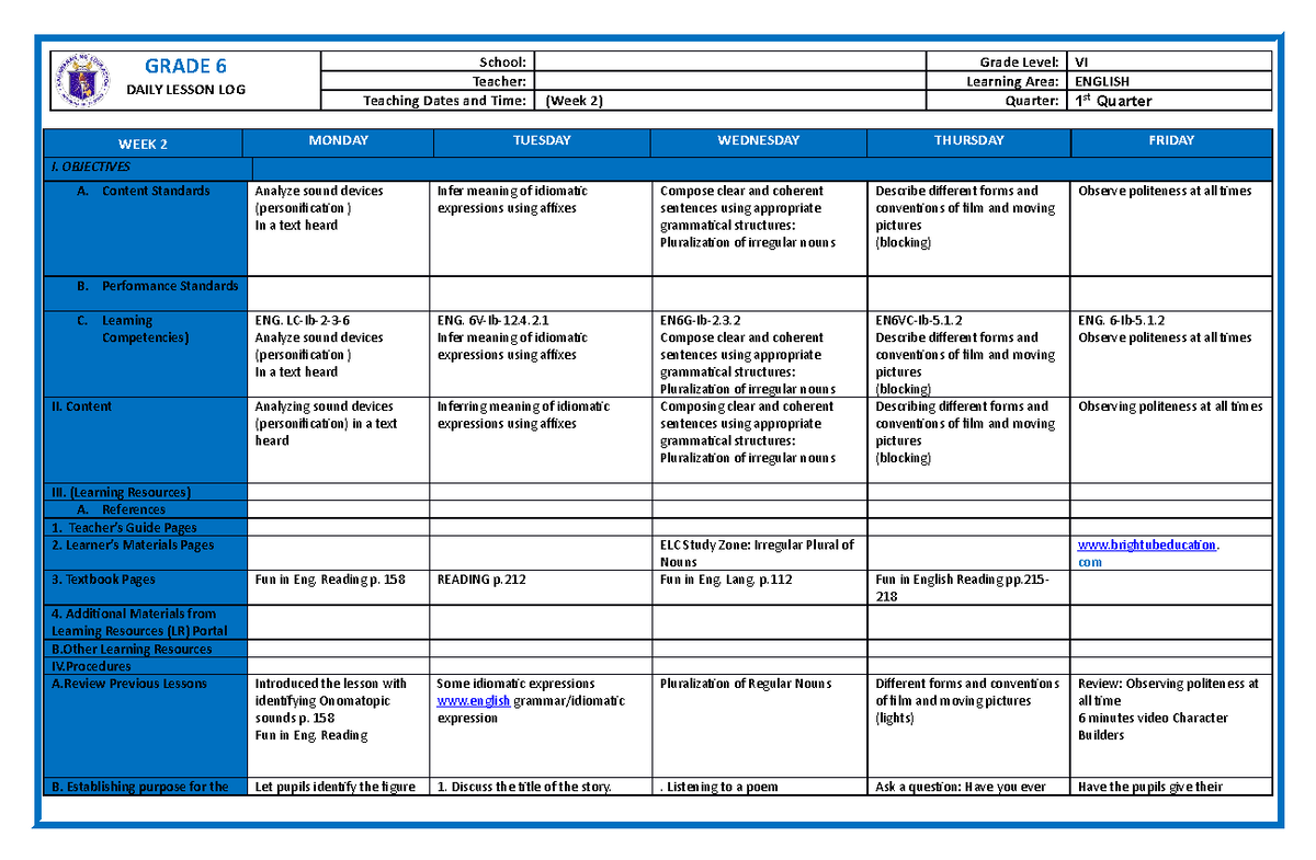 Local media 7746560528334851344 - GRADE 6 DAILY LESSON LOG School ...