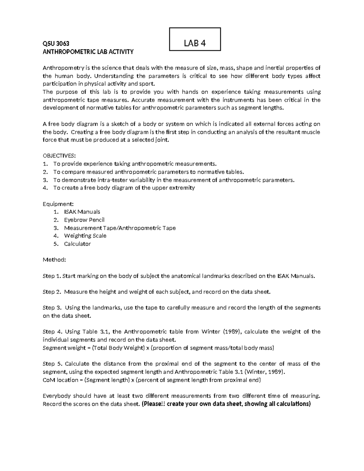 Lab 4 Anthropometric Measurement - QSU 3063 ANTHROPOMETRIC LAB ACTIVITY ...