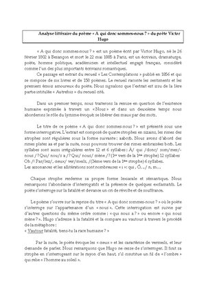 Essai danalyse A ma fille Victor Hugo - Analyse linéaire du poème « À ...