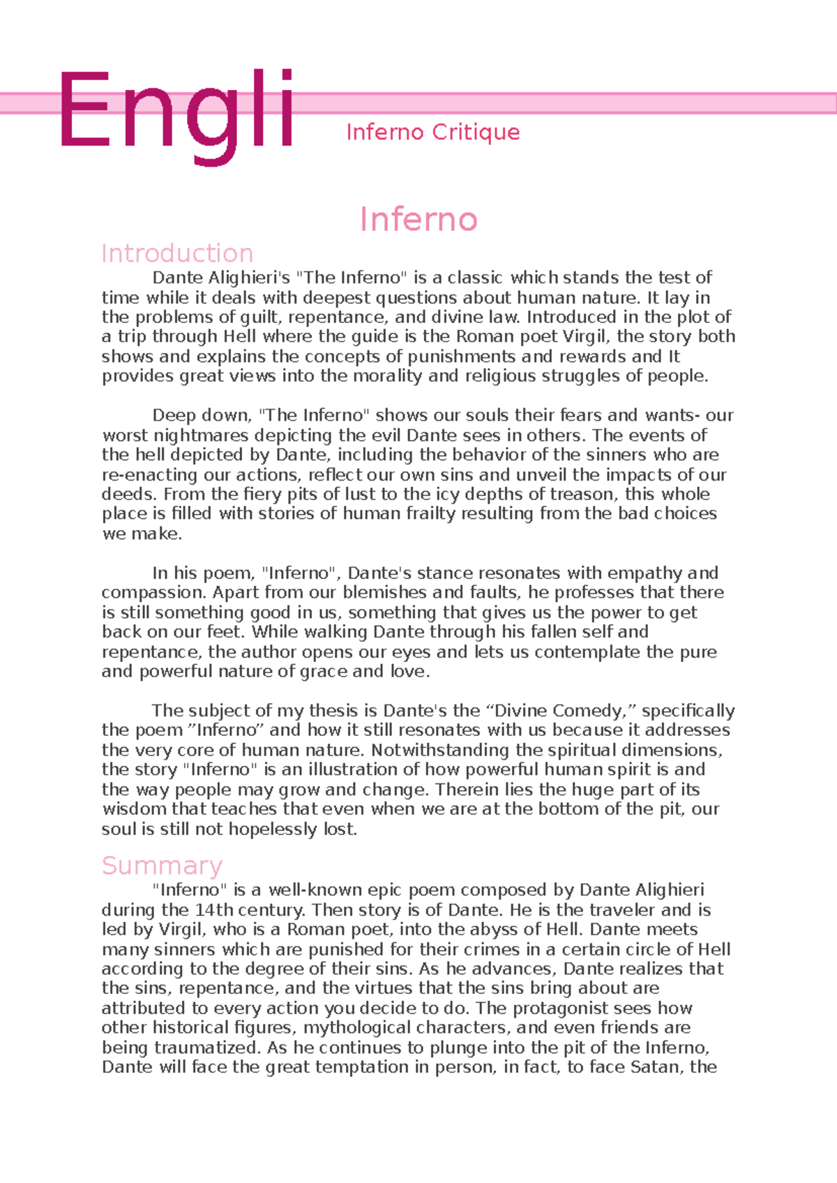 English 2ND Quarter Reviewer - Inferno Introduction Dante Alighieri's ...