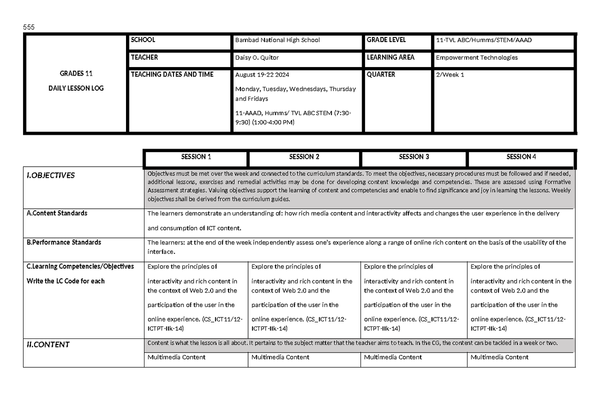 DLL1 - ideas - 555 GRADES 11 DAILY LESSON LOG SCHOOL Bambad National ...