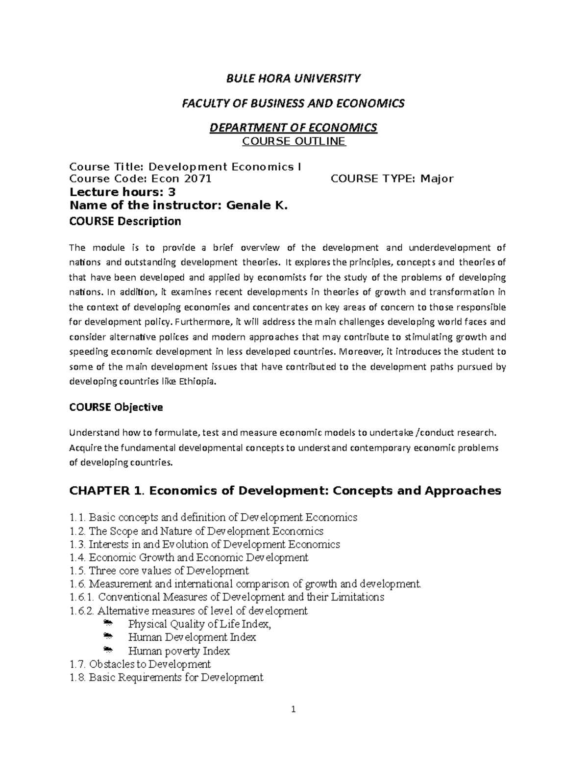 Course OUT LINE Deveco 1 - BULE HORA UNIVERSITY FACULTY OF BUSINESS AND ...