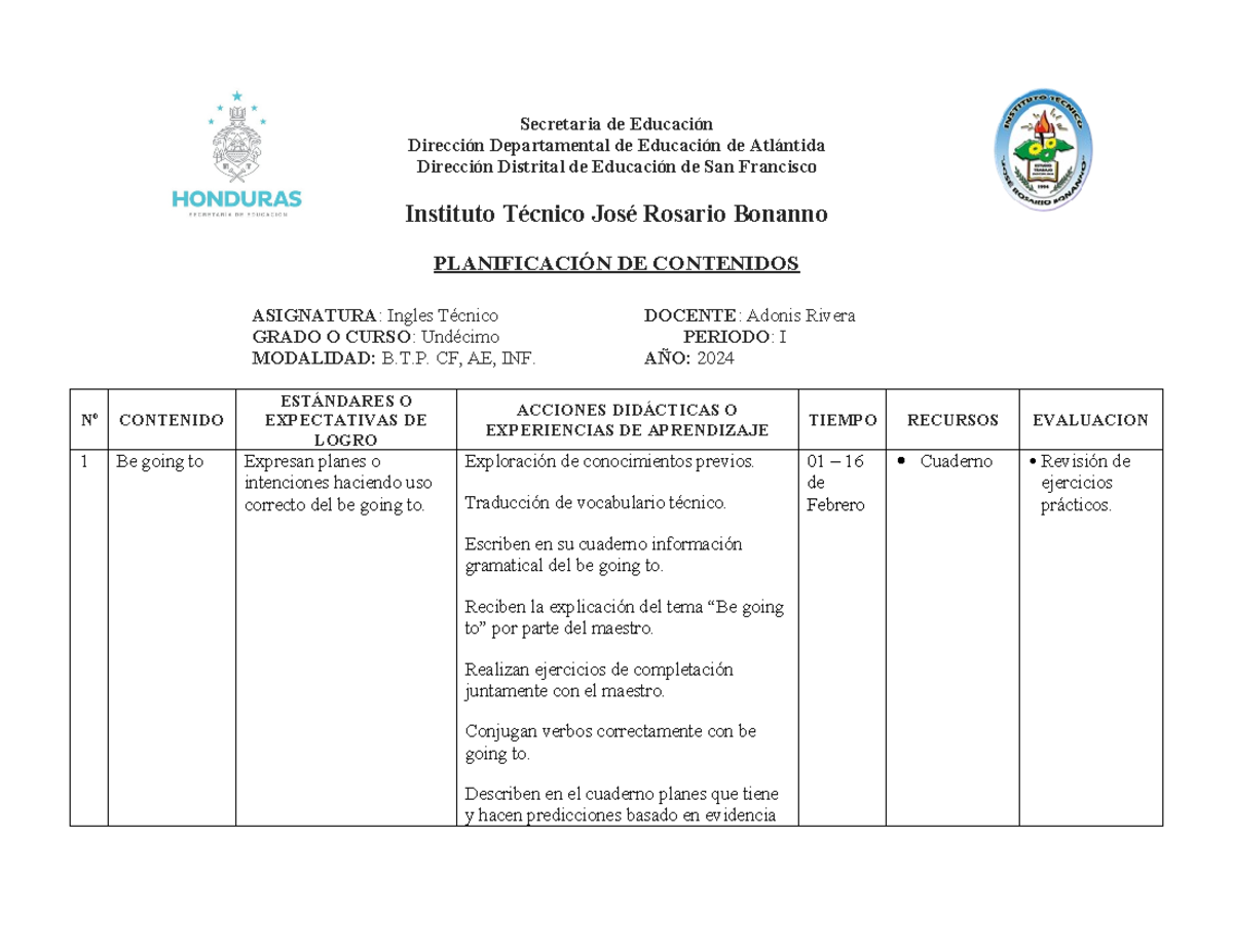 Planificacion 11mo Grado I Parcial 2024 - Secretaria de Educación ...