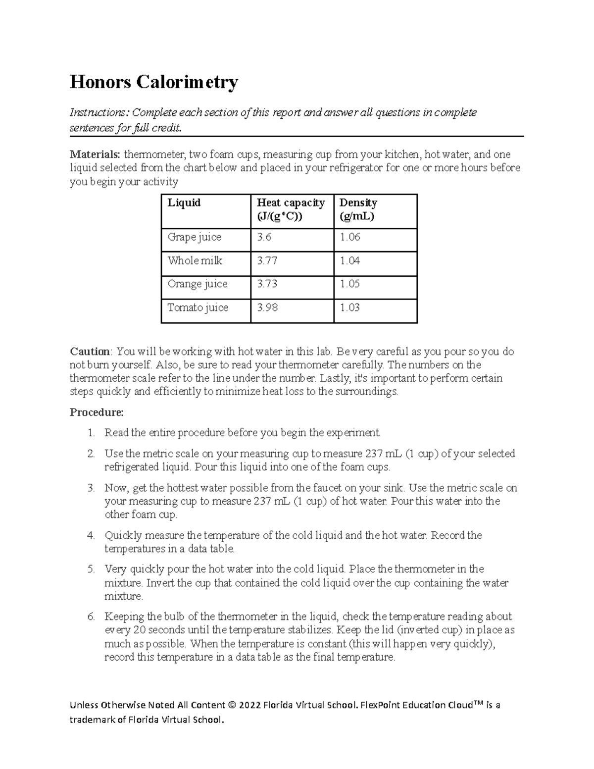 07 03 worksheet - n/a - Honors Calorimetry Instructions: Complete each ...