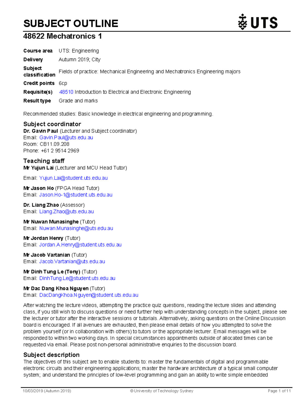 48622 UTS Autumn 2019 Subject Outline - SUBJECT OUTLINE 48622 Mechatronics 1 Recommended studies ...