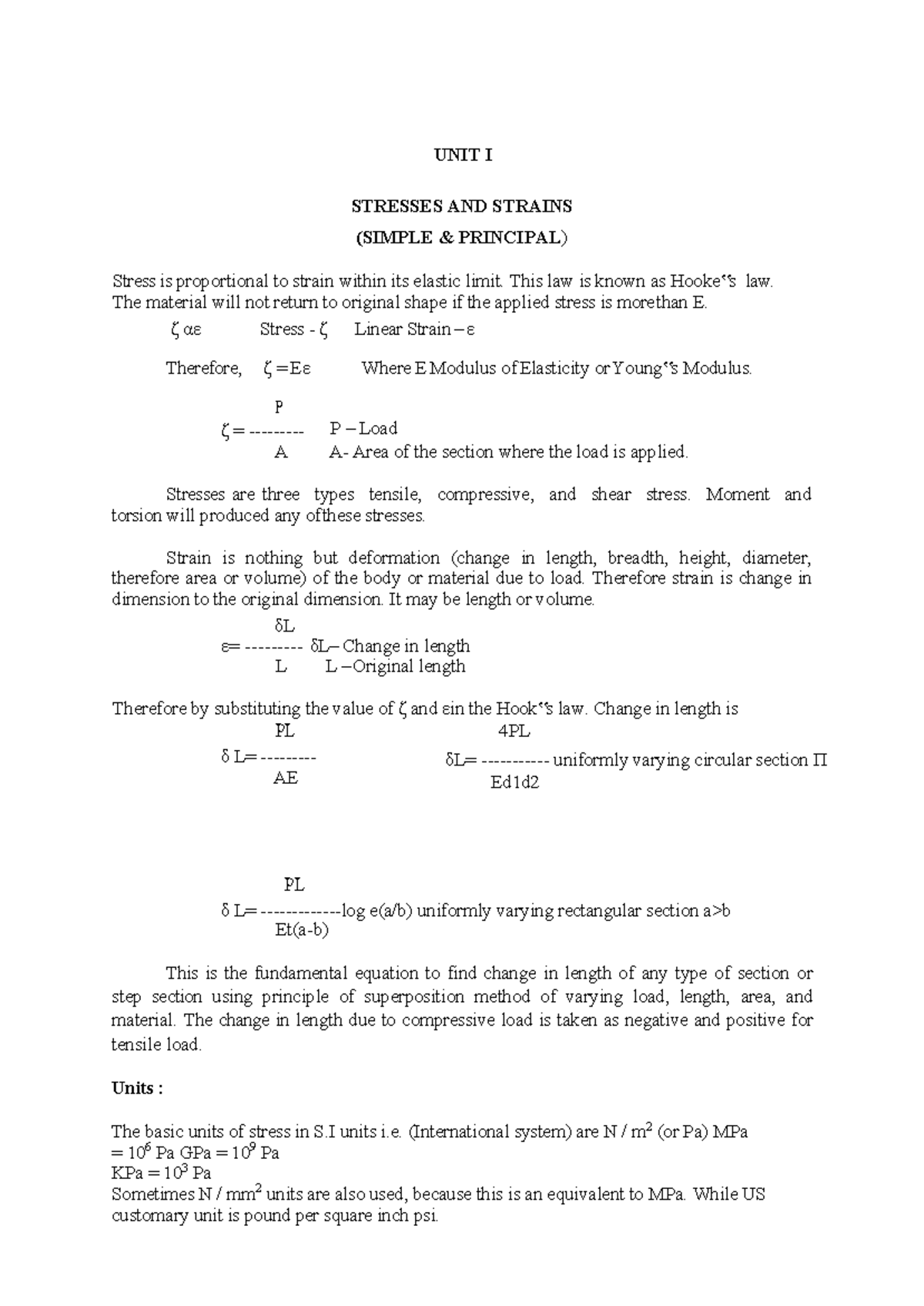 Strength OF Materials - Stress & Strain - UNIT I STRESSES AND STRAINS ...