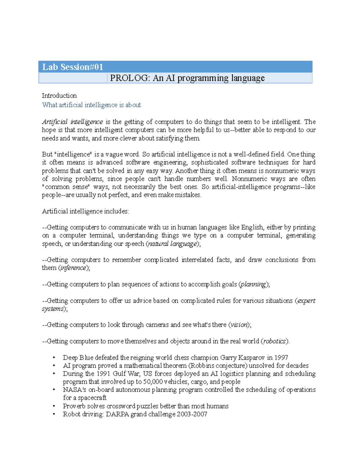 Lab Session 1 - it is my own work - Lab Session# PROLOG: An AI programming language Introduction ...
