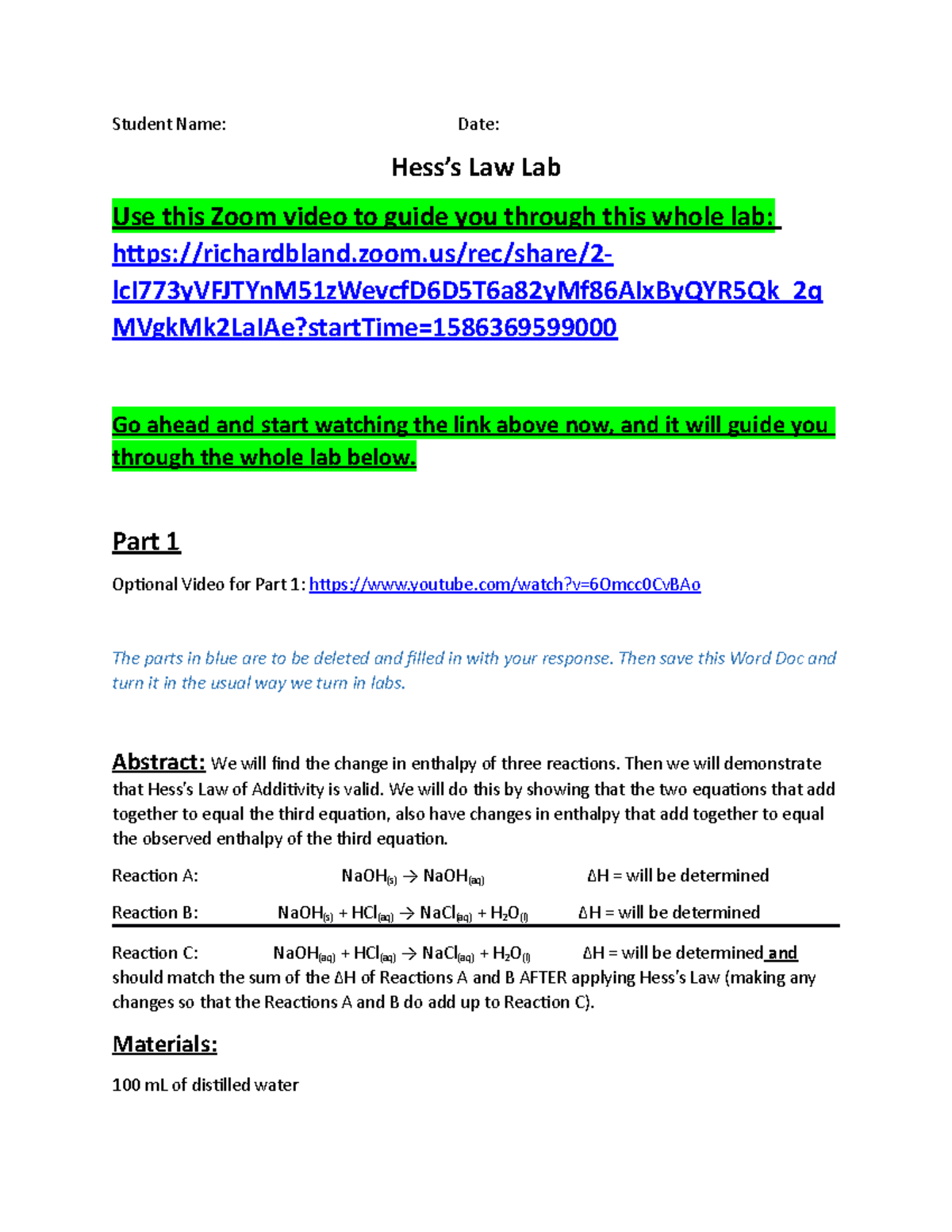 Hess Law of Additivity - Emily Golden - Student Name: Date: Hess’s Law ...