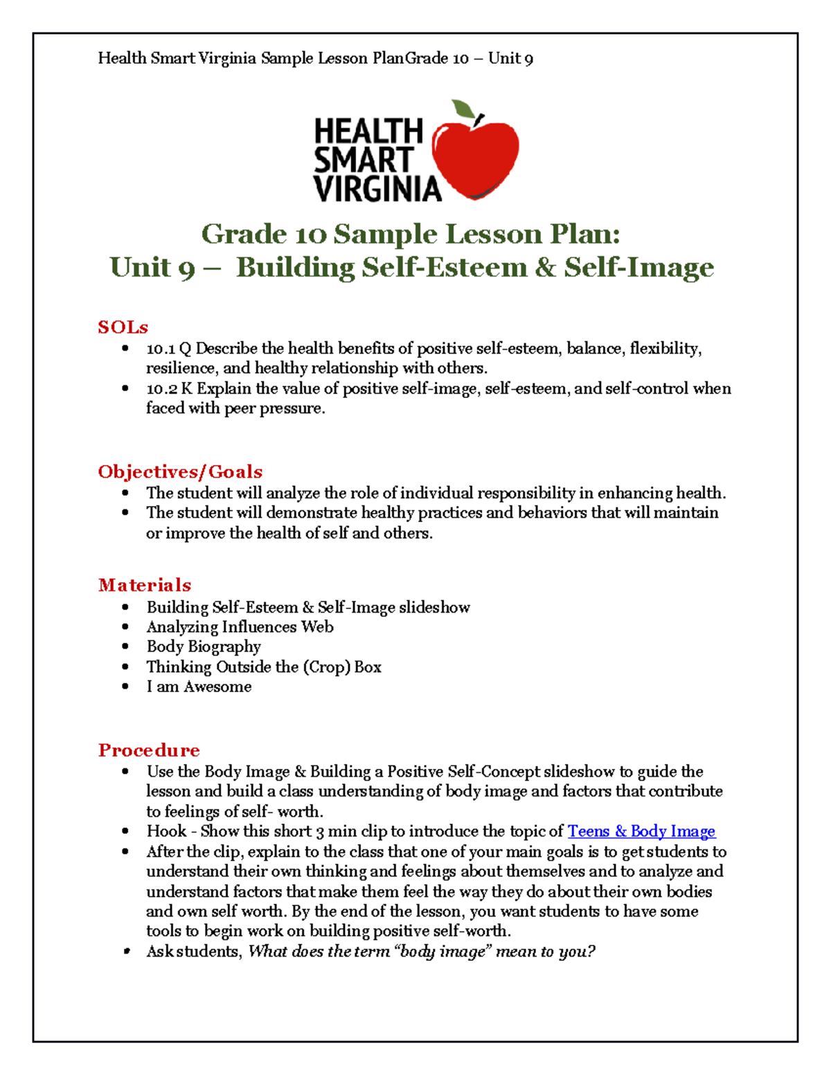 Gr10 se 9 building self esteem image - Grade 10 Sample Lesson Plan ...