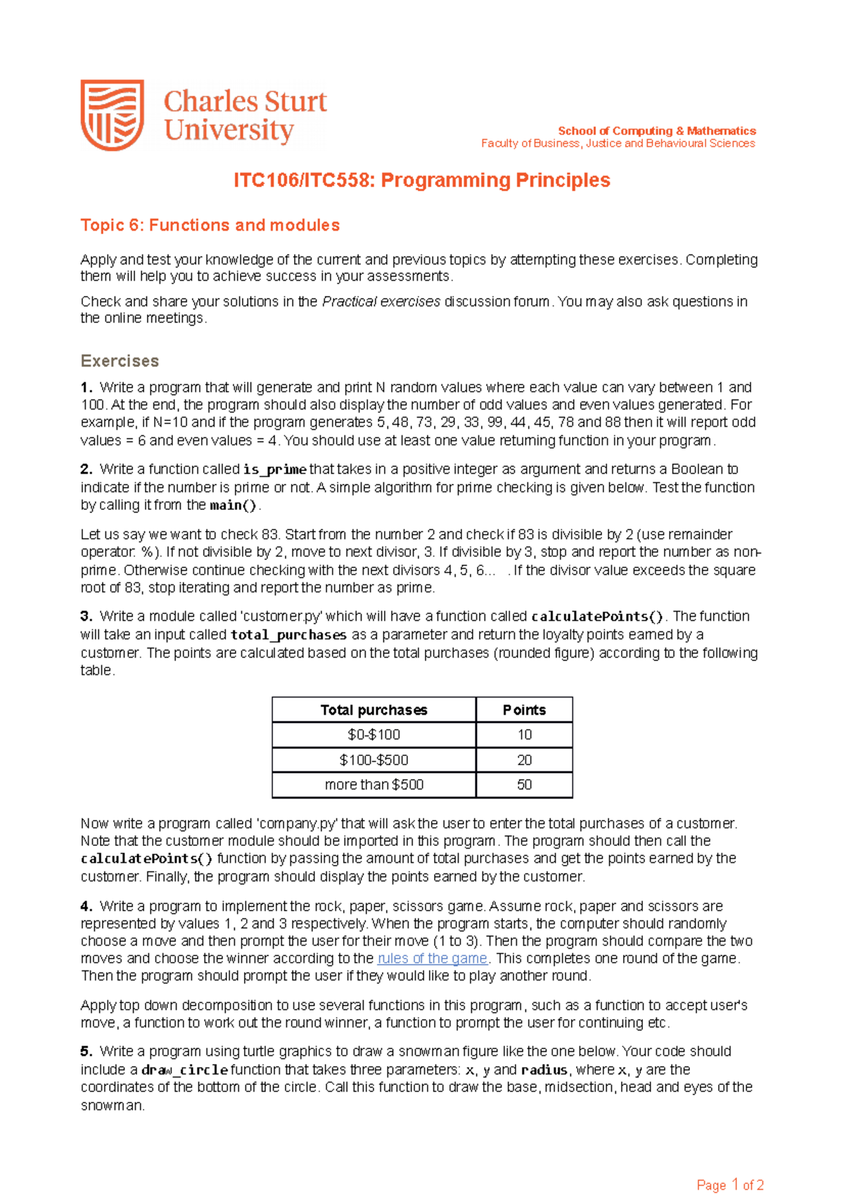 Topic 06 Practical exercises v2 - ITC106/ITC558: Programming Principles Topic 6: Functions and ...