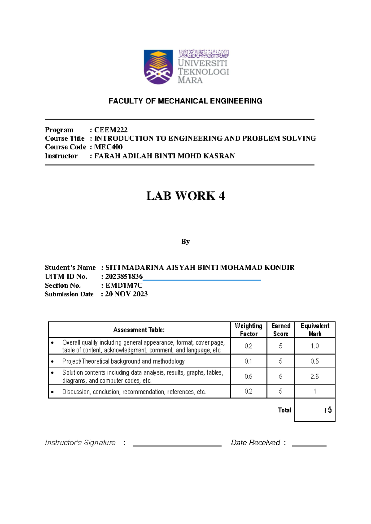 MEC400 Labwork 4 ( Introduction TO Engineering AND Problem Solving) - FACULTY OF MECHANICAL ...