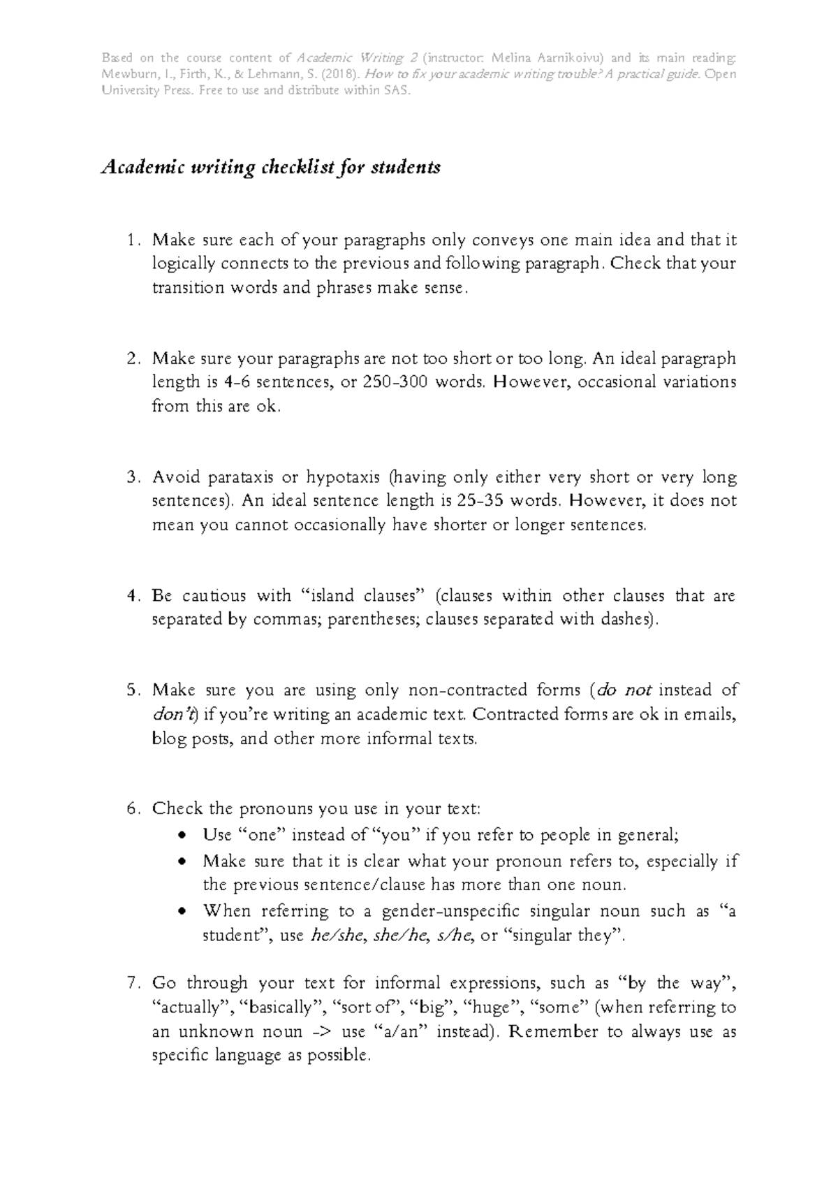 Academic Writing Checklist - Based on the course content of Academic ...