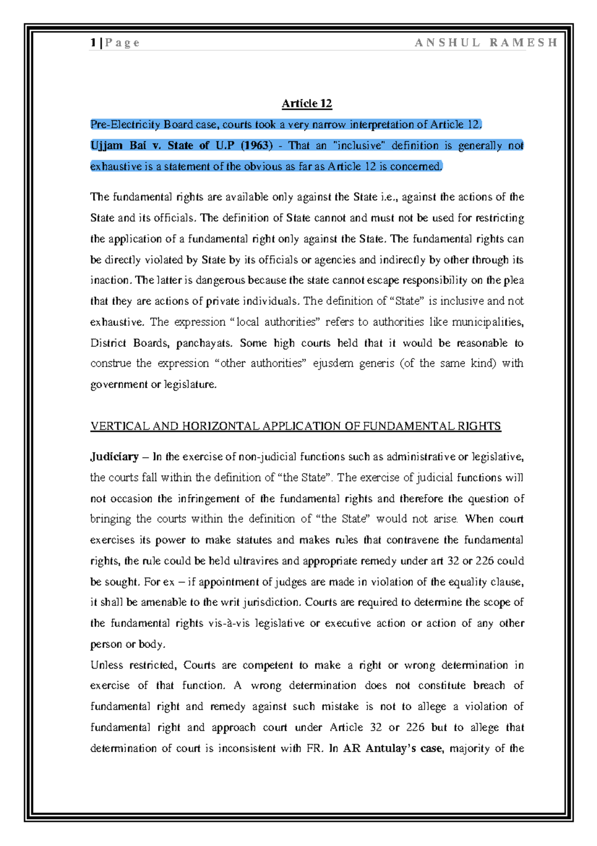 Article 12,13 & 21 - notes - Article 12 Pre-Electricity Board case ...