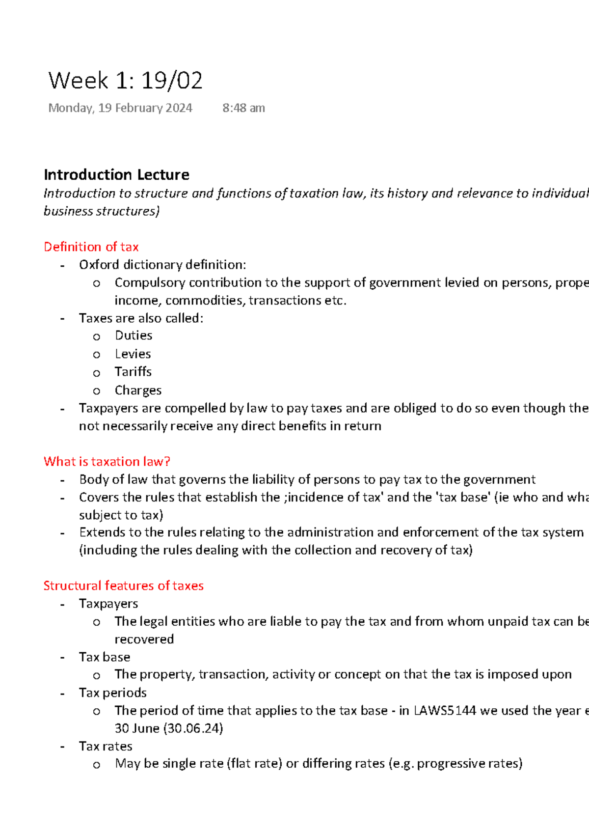 Week 1 notes - Introduction Lecture Introduction to structure and ...