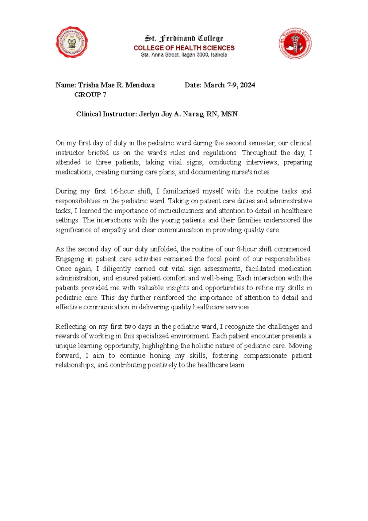 LFD Pedia WARD (1st WEEK) - Name: Trisha Mae R. Mendoza Date: March 7-9 ...