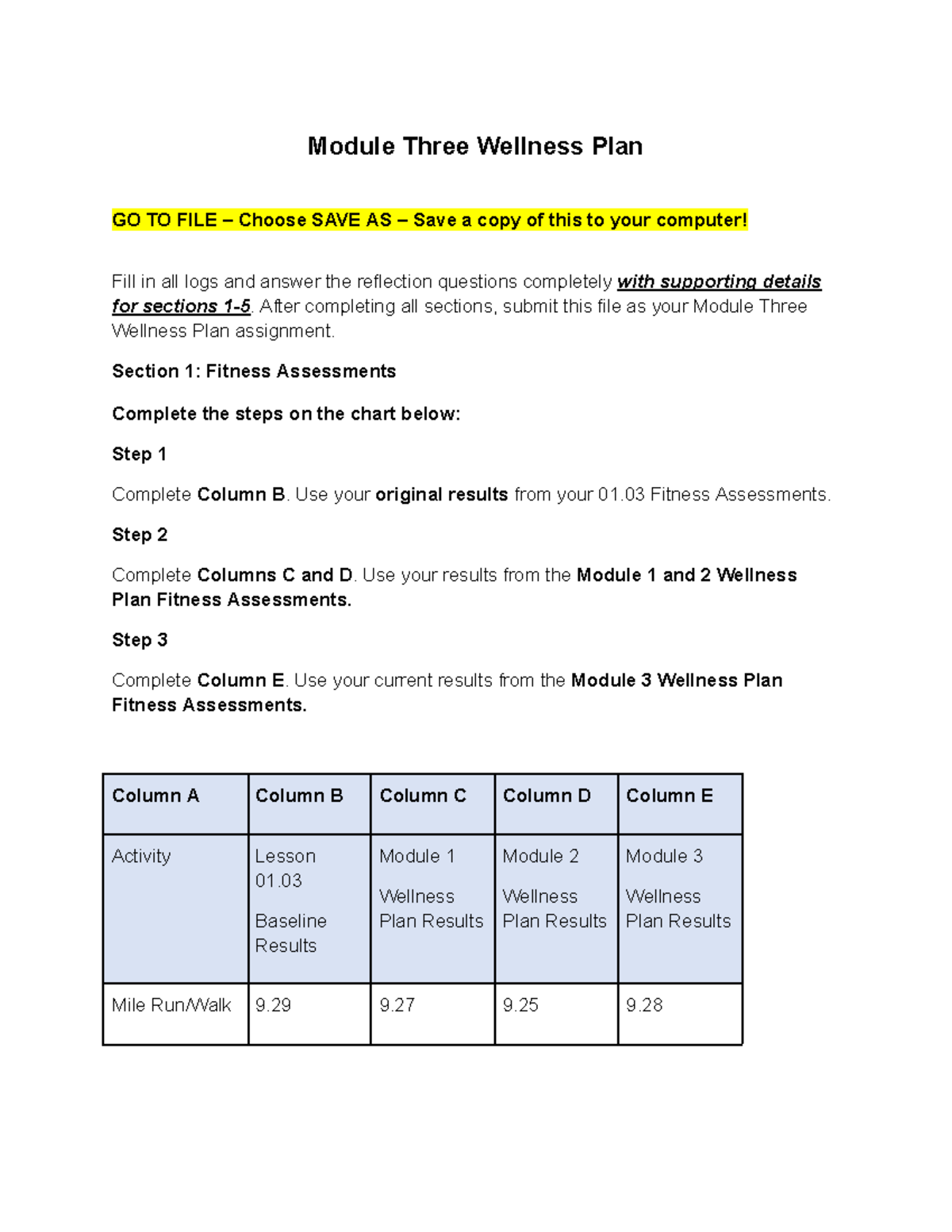 Module three wellness plan - Module Three Wellness Plan GO TO FILE ...