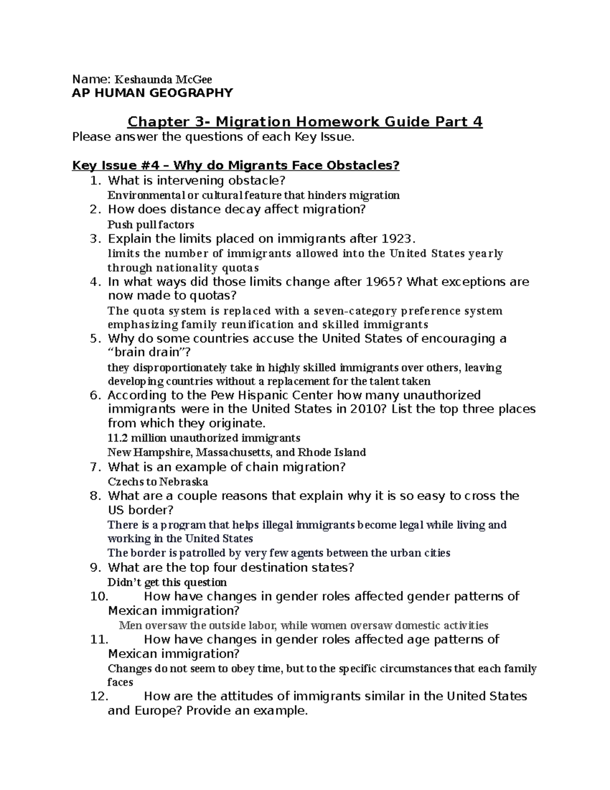 Chapter 3- Migration Homework Guide Part 4 - Name: Keshaunda McGee AP ...